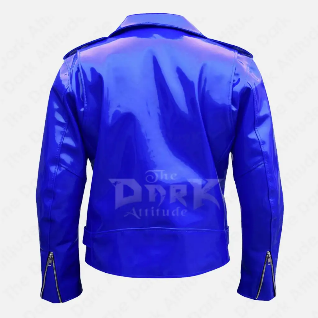 RED HOT WET Look Biker Jacket Blue Vinyl Motorcycle Jacket